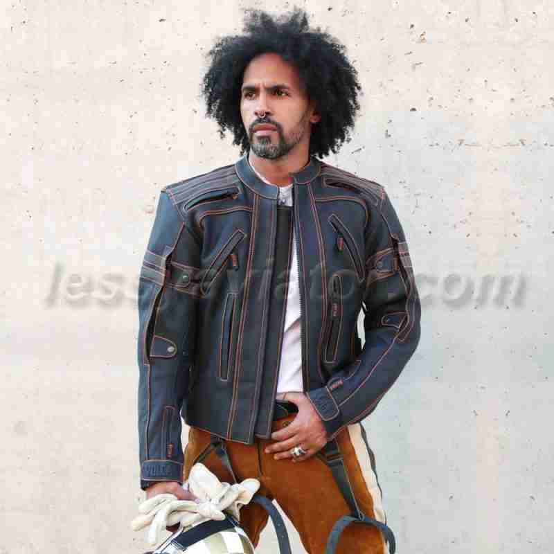 Men's Leather Motorcycle Jacket Cafe Racer Vulcan VTZ 910